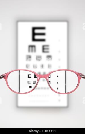 Exam view with optometric table and red glasses Stock Photo - Alamy