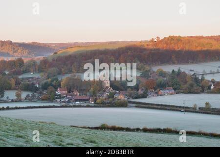 Pasture fields with frost in November cold, in Kent, England Stock ...