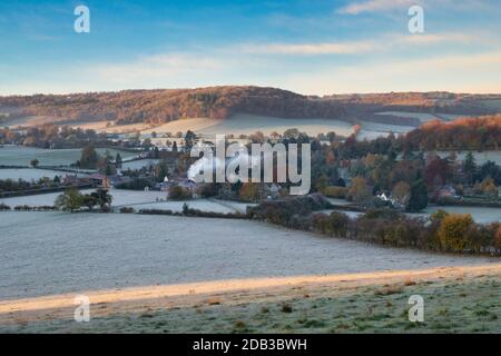 Pasture fields with frost in November cold, in Kent, England Stock ...