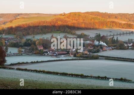 Pasture fields with frost in November cold, in Kent, England Stock ...