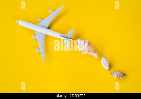Summer travel concept. Decorative airplane, passports and seashells on ...