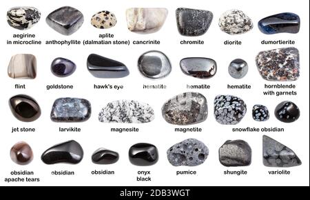 set of various dark gemstones with names (magnesite, hematite, obsidian ...