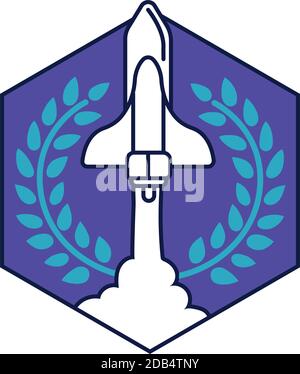 space hexagon badge with spaceship flying line style vector ...