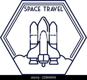 space hexagon badge with spaceship flying line style vector ...