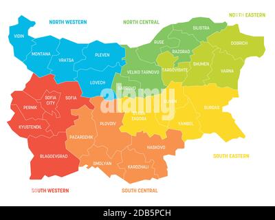 Colorful political map of Bulgaria divided by color into regions ...
