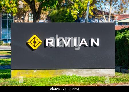 Rivian sign logo at headquarters in Silicon Valley. Rivian is an ...
