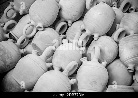 Handmade clay jugs, detail of some old clay pots, tradition and ...