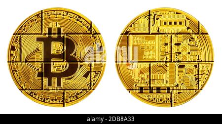 Face and back of the crypto currency golden bitcoin isolated on white ...