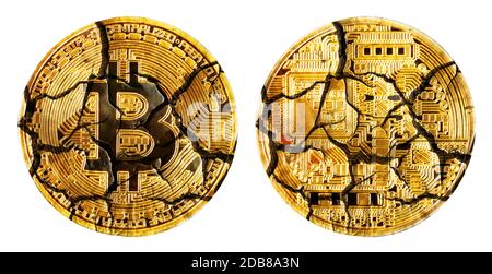 Face and back of the crypto currency golden bitcoin isolated on white ...