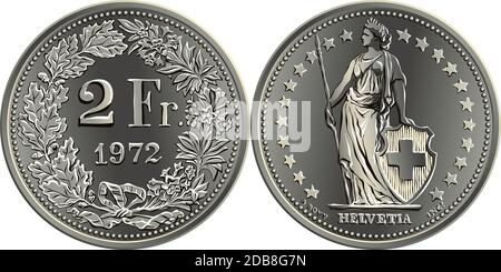 Reverse of 5 Swiss Francs silver coin with federal coat of arms, 5FR ...