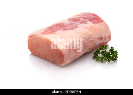 Raw iberico pork loin meat with green parsley white isolated Stock ...