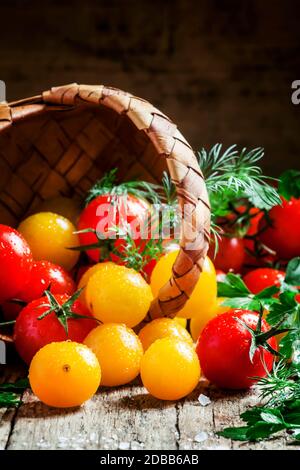 Fresh cherry tomatoes spill out of a blue container on a white ...