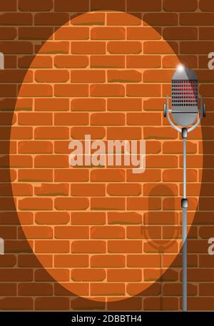 A microphone ready on stage against a grey brick wall with grunge Stock ...