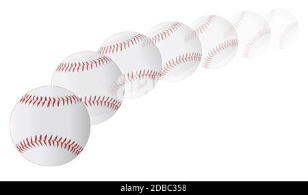 A new white pitched baseball with red stitching on a faded white ...