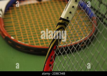Two Tennis Rackets on Playground Court. Sport Background Stock Photo ...