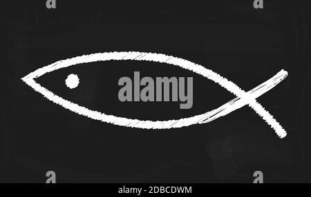 A blackboard with a large Christian fish drawing in white chalk with ...