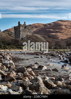 The ruins of Moy Castle in Lochbuie on The Isle of Mull which is ...