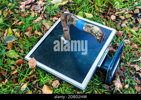 Axe to Smash a Computer Screen on the Grass Background Stock Photo - Alamy