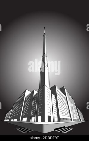Three point perspective city block with tall spire and sidewalk and ...