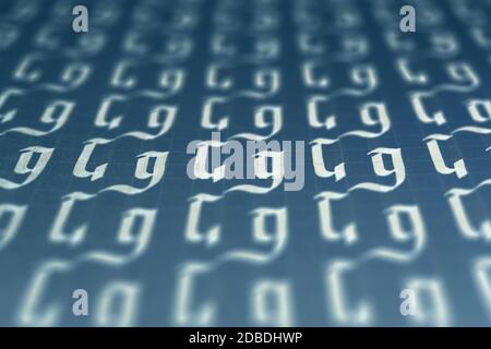 Calligraphic white on dark blue letter R learning skills paper page ...