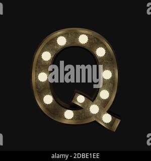 Metal letter T with small lamps on a dark background, 3d rendering ...