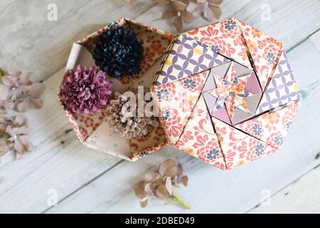 Japanese patterned chic hexagonal origami box with lid Stock Photo - Alamy