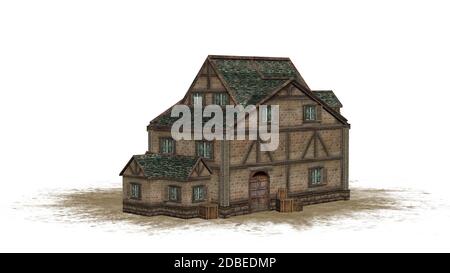 medieval warehouse on a sand area and tree - isolated on white ...