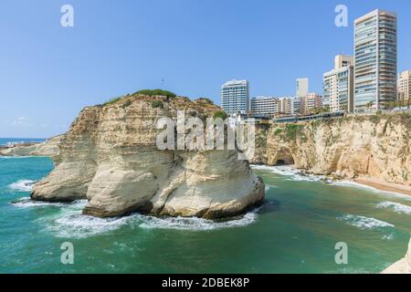 Raouche, Pigeon's rock and cave, a touristic icon rock cliff in Beirut ...