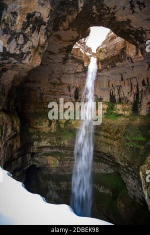Baatara gorge waterfall and the natural bridges in winter, Tannourine ...