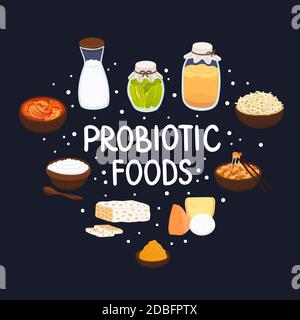 Vector probiotic foods. Best sources of probiotics. Beneficial bacteria ...