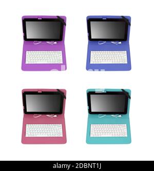 Set of computer tablets with keyboard and blank screen isolated on ...