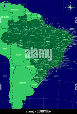 Vector map of Brazil with names of cities and with borders city Stock ...