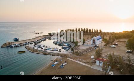 Aerial view of Agia Triada beach (Trinity Beach) and harbour, Paralimni ...