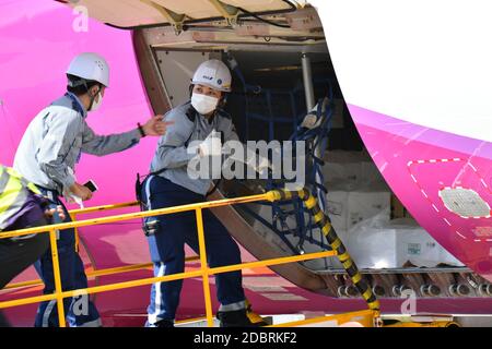 Peach's A320 loading ANA's cargo at Fukuoka Airport on November 1, 2020 ...