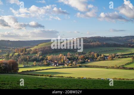Late afternoon autumn sunlight looking over Fingest village in the ...