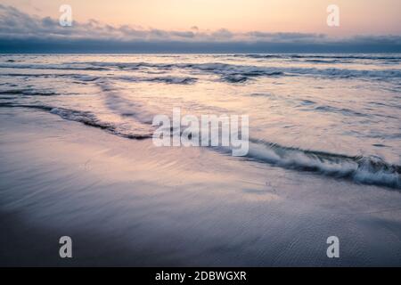 Pink sunset over the sea, abstract seascape background, line art, water ...