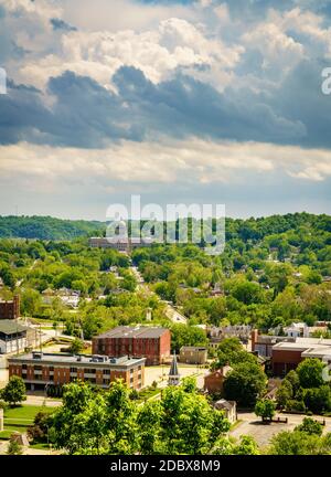 Aerial view of downtown Frankfort, KY with the State Capitol building ...