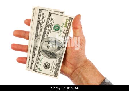 Man's hand keeps money, isolated on white background Stock Photo - Alamy