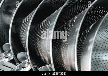 Industrial aluminum colanders on professional kitchen close up Stock ...