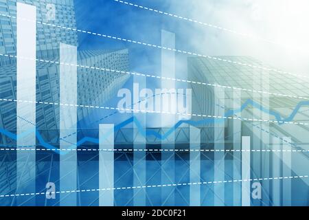 Financial chart on blurred skyscraper office background Stock Photo - Alamy