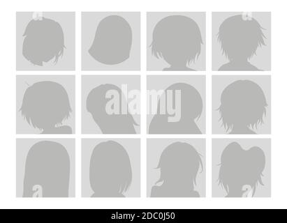 Vector Big Set of Anime Faces with Hair. Flat Gray Icons of Girls for ...