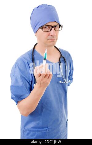 mad doctor with a syringe isolated over white background Stock Photo ...