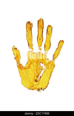 Golden human hand print white background isolated close up, shiny gold ...
