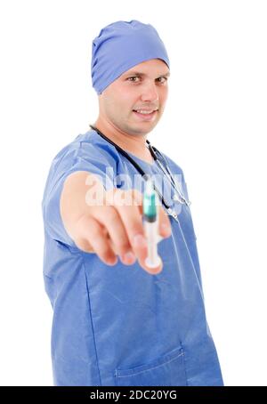 silly doctor with a syringe isolated over white background Stock Photo ...