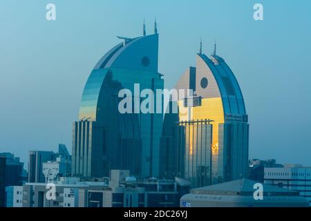 Twin building of Alinma Bank with symbol of fish, landmark of Riyadh ...