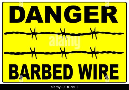 A barbed wire warning sign over a white background Stock Photo - Alamy