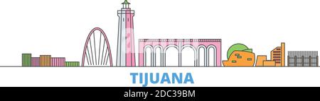 Mexico, Tijuana flat travel skyline set. Mexico, Tijuana black city ...