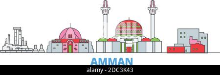 Jordan, Amman flat travel skyline set. Jordan, Amman black city vector ...