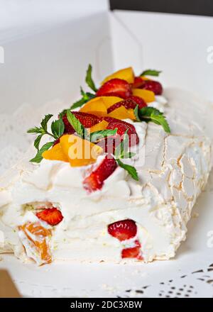 Meringue roll cake with cream, raspberries. Roulade, summer dessert ...