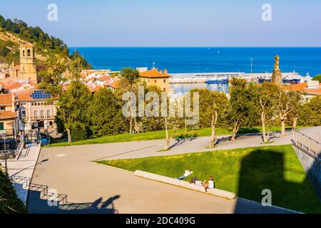 Getaria, Gipuzkoa, Basque Country, Spain. Tiled roofs of the houses of ...